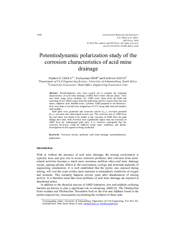 (PDF) Potentiodynamic polarization study of the corrosion characteristics of acid mine drainage