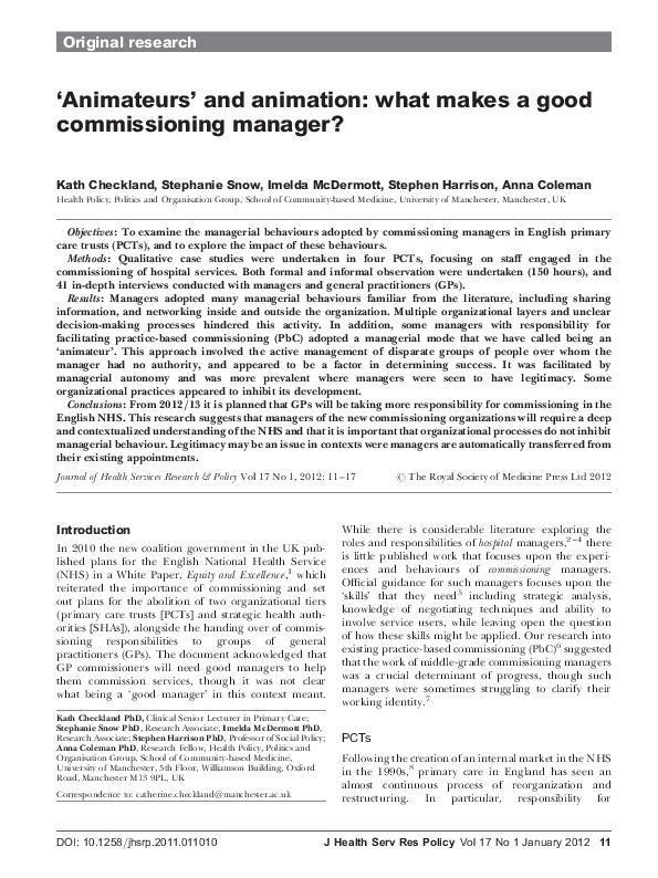 (PDF) Animateurs' and animation: what makes a good commissioning manager?