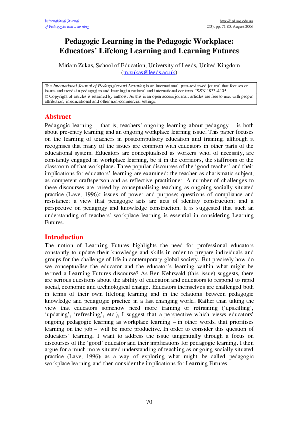 (PDF) Pedagogic Learning in the Pedagogic Workplace: Educators ...