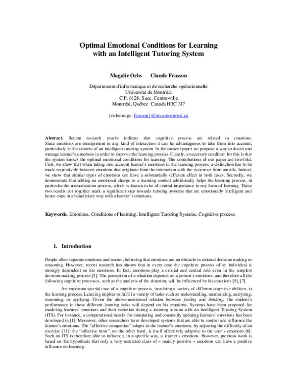 (PDF) Optimal Emotional Conditions for Learning with an Intelligent Tutoring System