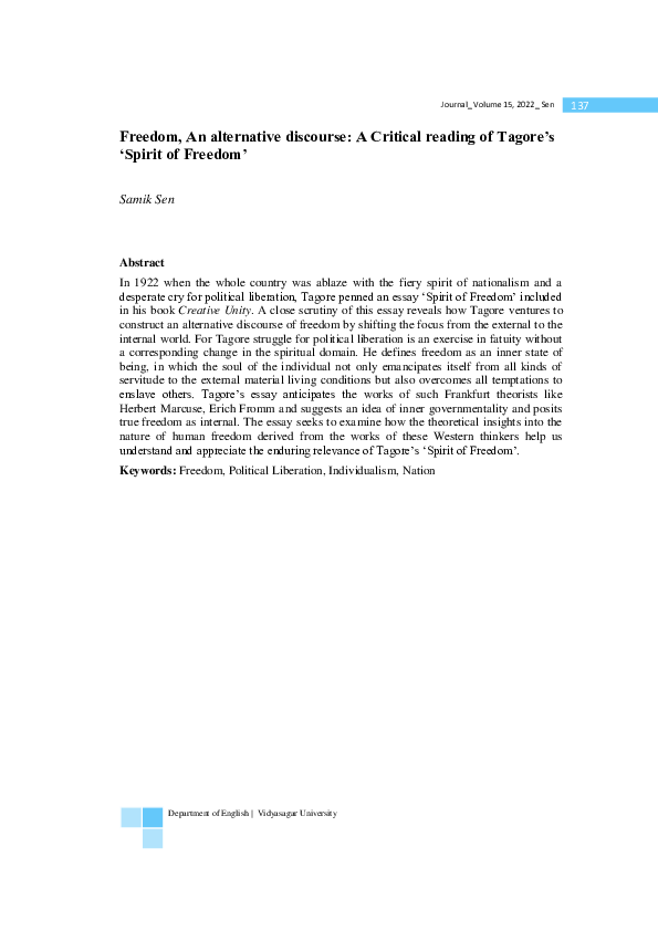 (PDF) Freedom, An alternative discourse: A Critical reading of Tagore's 'Spirit of Freedom'