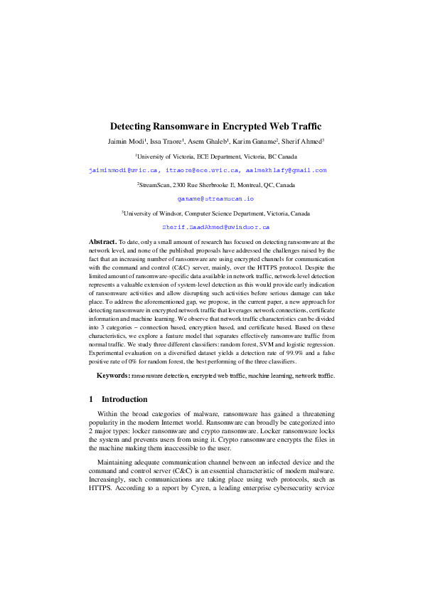 (PDF) Detecting Ransomware in Encrypted Web Traffic