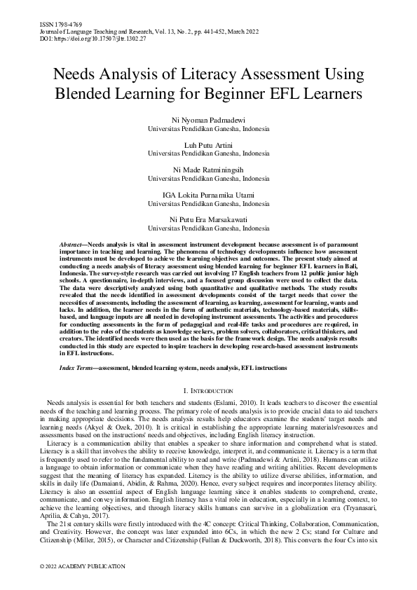 (PDF) Needs Analysis of Literacy Assessment Using Blended Learning for ...