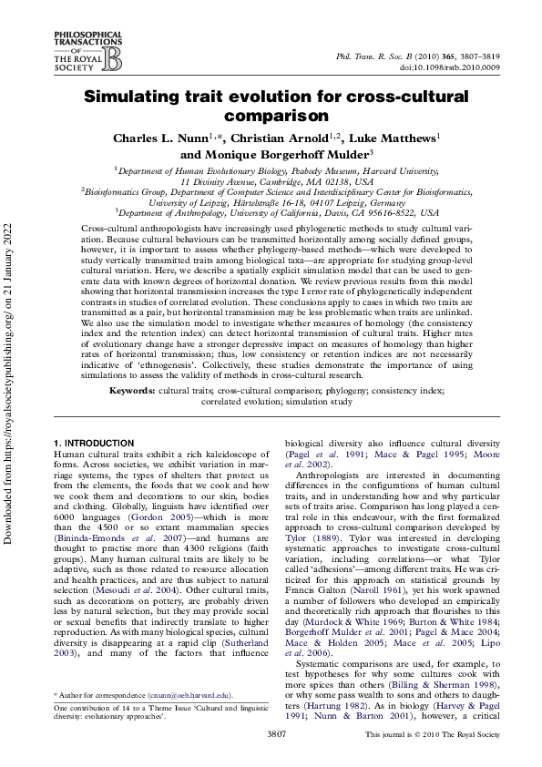 (PDF) Simulating trait evolution for cross-cultural comparison