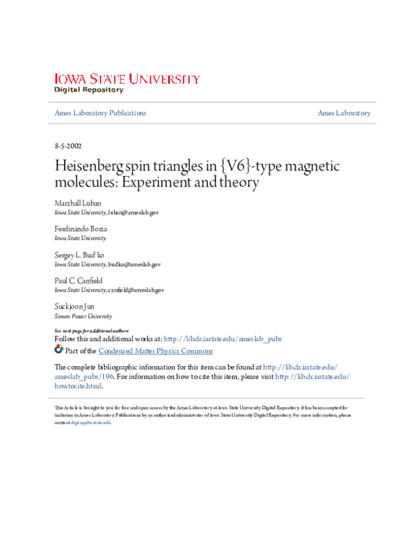 (PDF) Heisenberg spin triangles in {V-6}-type magnetic molecules ...