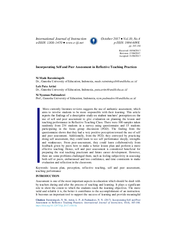 (PDF) Incorporating Self and Peer Assessment in Reflective Teaching Practices