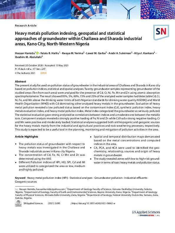(PDF) Hamidu et al 2021 SN Applied Sciences | Ibrahim Mohammed Abdullahi - Academia.edu