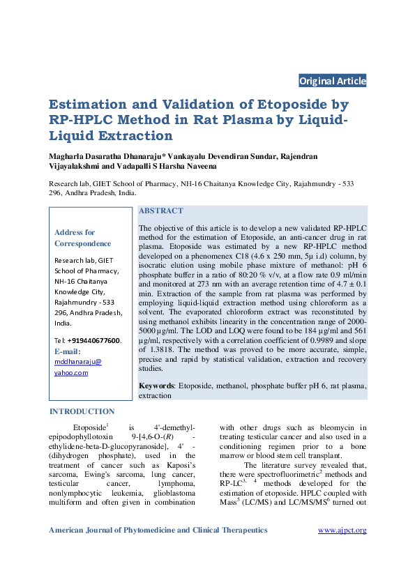 (PDF) Estimation and Validation of Etoposide by RP-HPLC Method in Rat Plasma by Liquid-Liquid ...