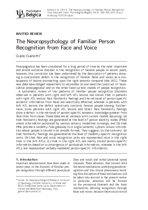 (PDF) The Neuropsychology of Familiar Person Recognition from Face and ...