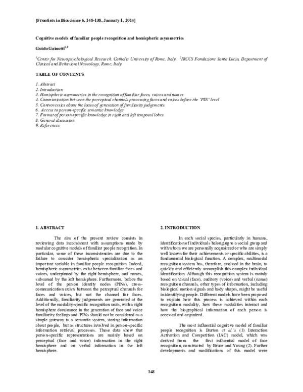 (PDF) Cognitive models of familiar people recognition and hemispheric asymmetries | Guido ...