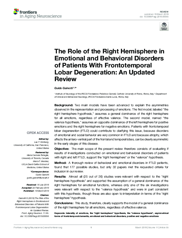 (PDF) The Role of the Right Hemisphere in Emotional and Behavioral ...