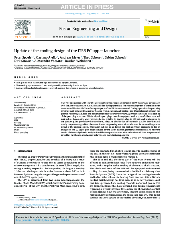 (PDF) Update of the cooling design of the ITER EC upper launcher