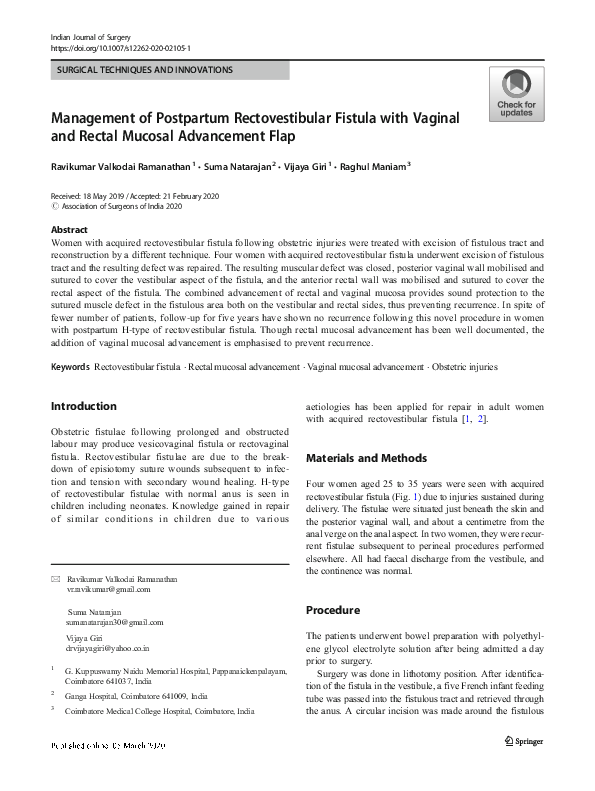 (PDF) Management of Postpartum Rectovestibular Fistula with Vaginal and ...