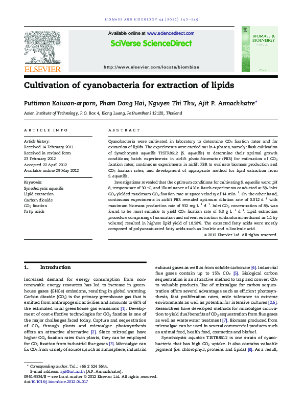 (PDF) Cultivation of cyanobacteria for extraction of lipids