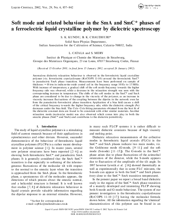 (PDF) Soft mode and related behaviour in the SmA and SmC* phases of a ferroelectric liquid ...