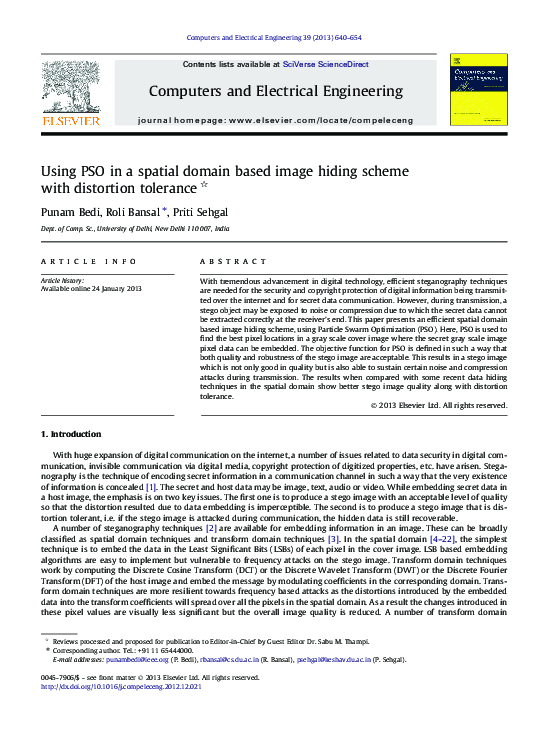 Pdf Using Pso In A Spatial Domain Based Image Hiding Scheme With