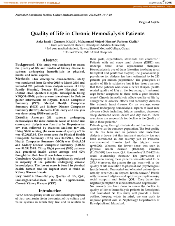 (PDF) Quality of Life in Chronic Hemodialysis Patients