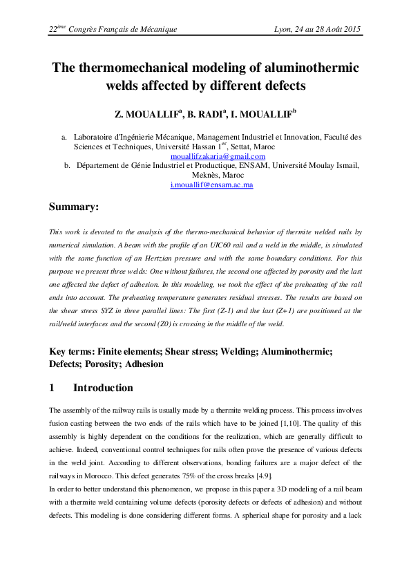 (PDF) The thermomechanical modeling of aluminothermic welds affected by different defects