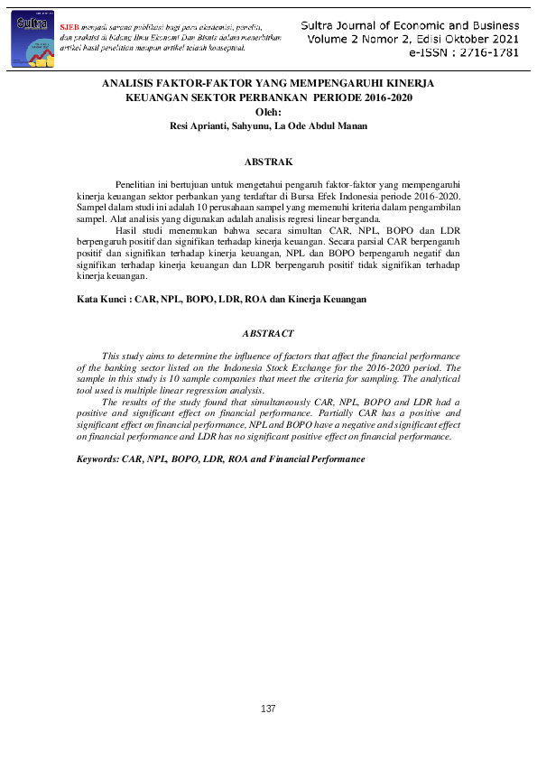 (PDF) Analisis Faktor-Faktor Yang Mempengaruhi Kinerja Keuangan Sektor Perbankan Periode 2016-2020