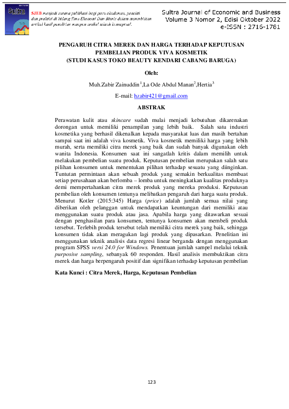(PDF) Pengaruh Citra Merek Dan Harga Terhadap Keputusan Pembelian Produk Viva Kosmetik