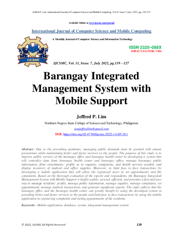 (PDF) Barangay Integrated Management System with Mobile Support