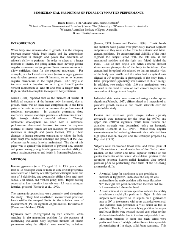 (PDF) Biomechanical predictors of female gymnastics performance