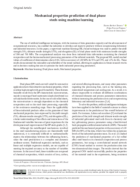 (PDF) Mechanical properties prediction of dual phase steels using machine learning