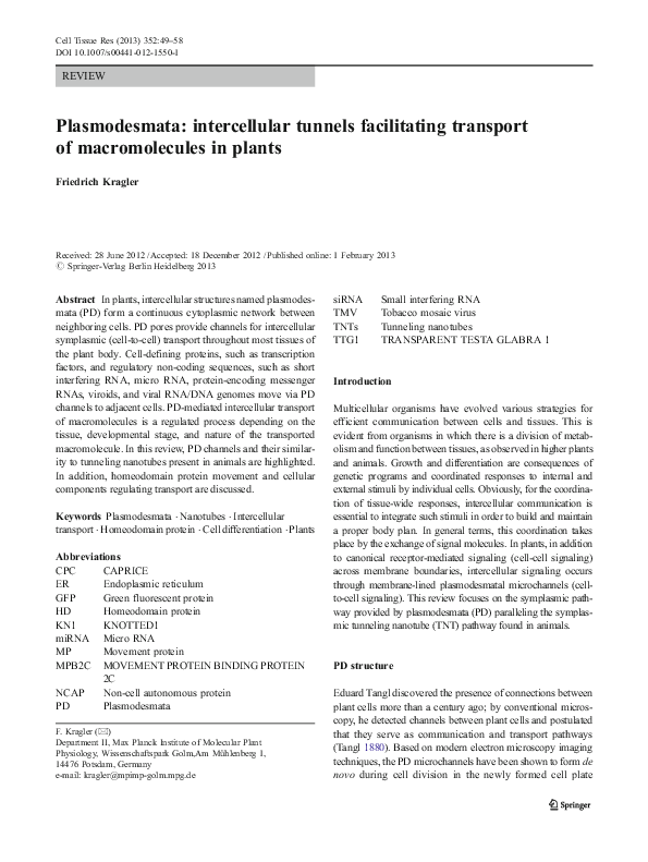 (PDF) Plasmodesmata: intercellular tunnels facilitating transport of ...