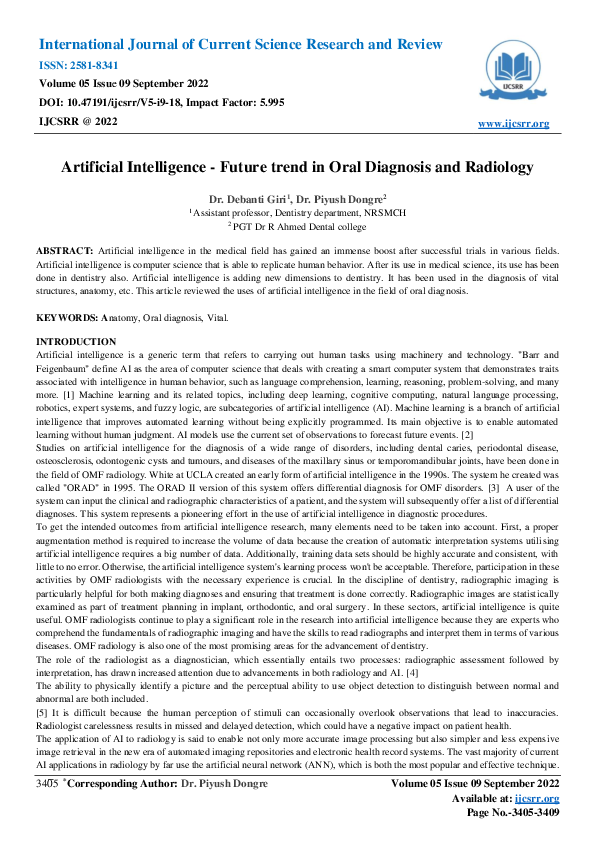 (PDF) Artificial Intelligence - Future trend in Oral Diagnosis and ...