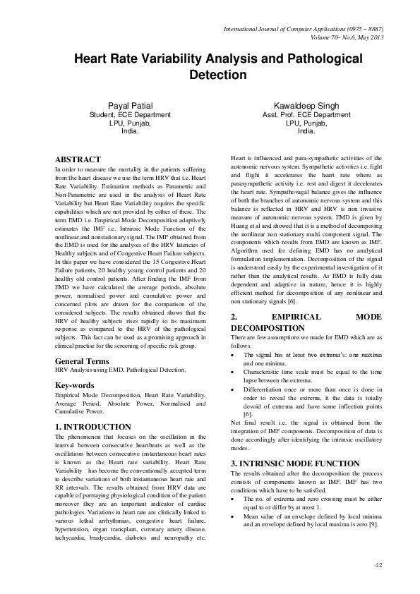 (PDF) Heart Rate Variability Analysis and Pathological Detection