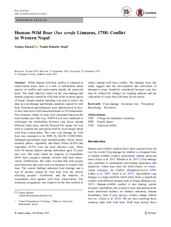(PDF) Human–Wild Boar (Sus scrofa Linnaeus, 1758) Conflict in Western Nepal