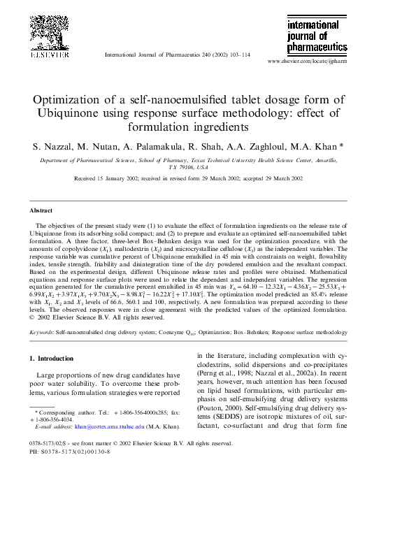 (PDF) Optimization of a self-nanoemulsified tablet dosage form of ...