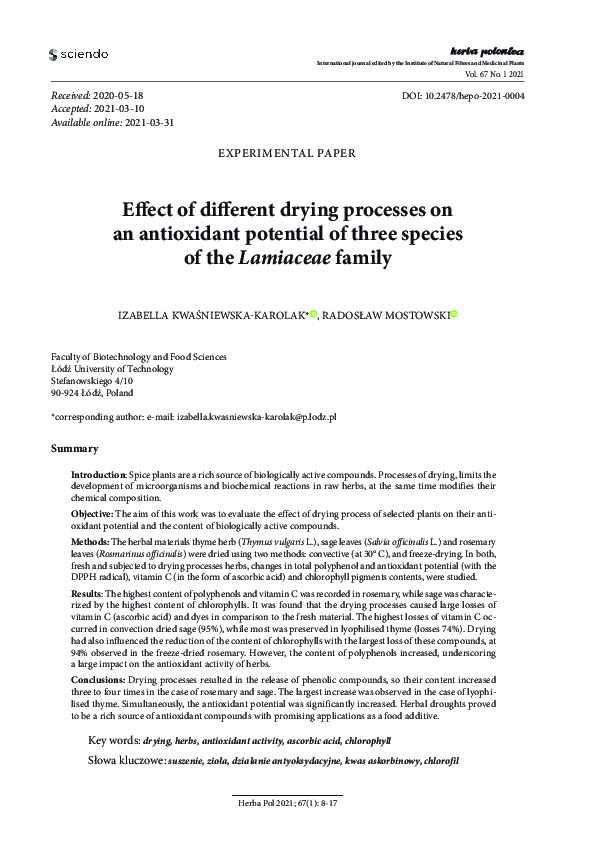 (PDF) Effect of different drying processes on an antioxidant potential of three species of the ...
