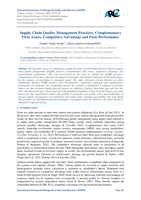(PDF) Supply Chain Quality Management Practices, Complementary Firm Assets, Competitive ...