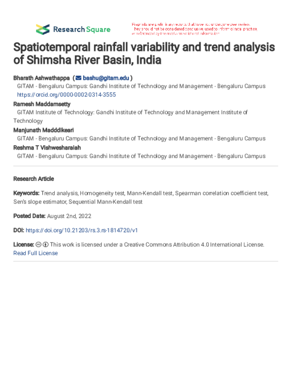 (PDF) Spatiotemporal rainfall variability and trend analysis of Shimsha ...