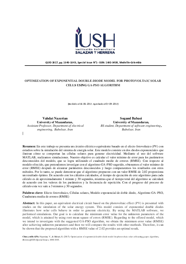 Pdf Optimization Of Exponential Double Diode Model For Photovoltaic Solar Cells Using Ga Pso 