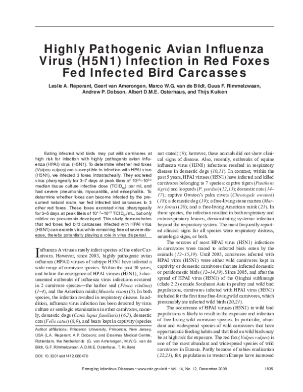 (PDF) Highly Pathogenic Avian Influenza Virus (H5N1) Infection in Red Foxes Fed Infected Bird ...