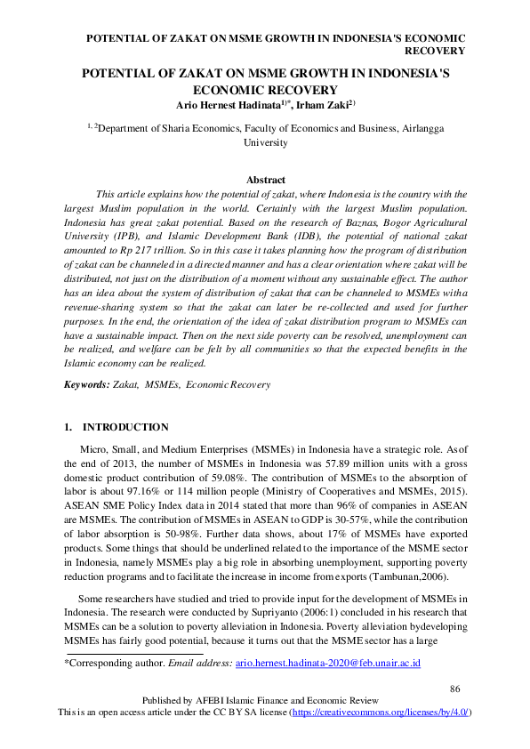 (PDF) Potential of Zakat on MSME Growth in Indonesia's Economic Recovery