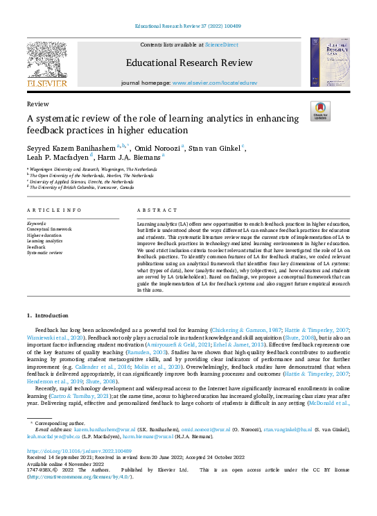(PDF) A systematic review of the role of learning analytics in enhancing feedback practices in ...