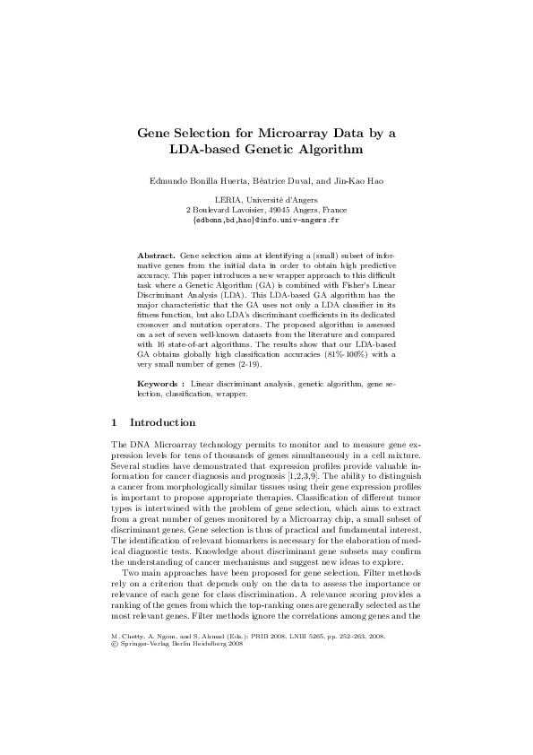 Pdf Gene Selection For Microarray Data By A Lda Based Genetic Algorithm Béatrice Duval