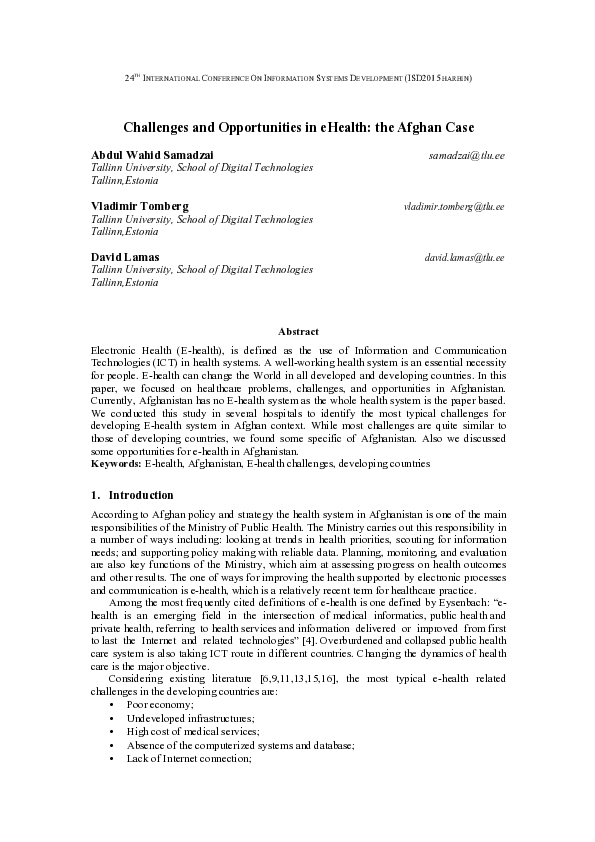 (PDF) Challenges and Opportunities in eHealth : the Afghan Case | David ...