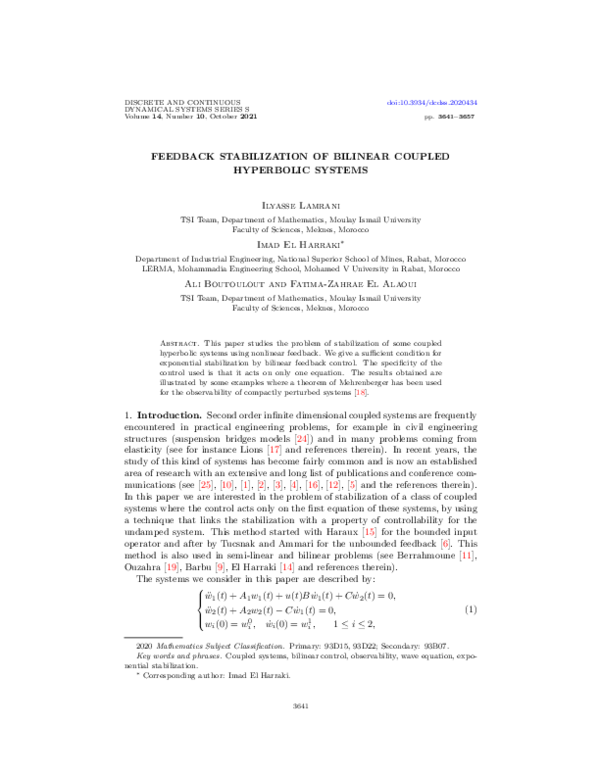 (PDF) Feedback stabilization of bilinear coupled hyperbolic systems