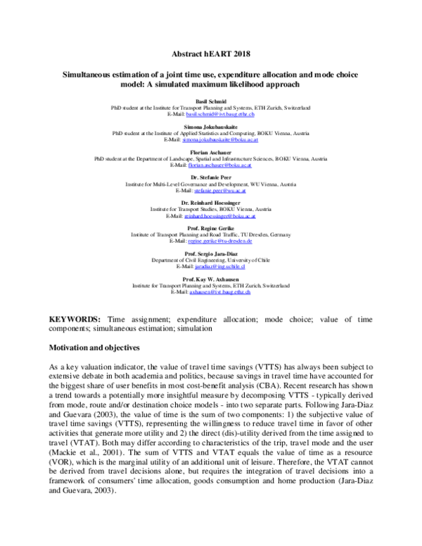 Pdf Simultaneous Estimation Of A Joint Time Use Expenditure Allocation And Mode Choice Model