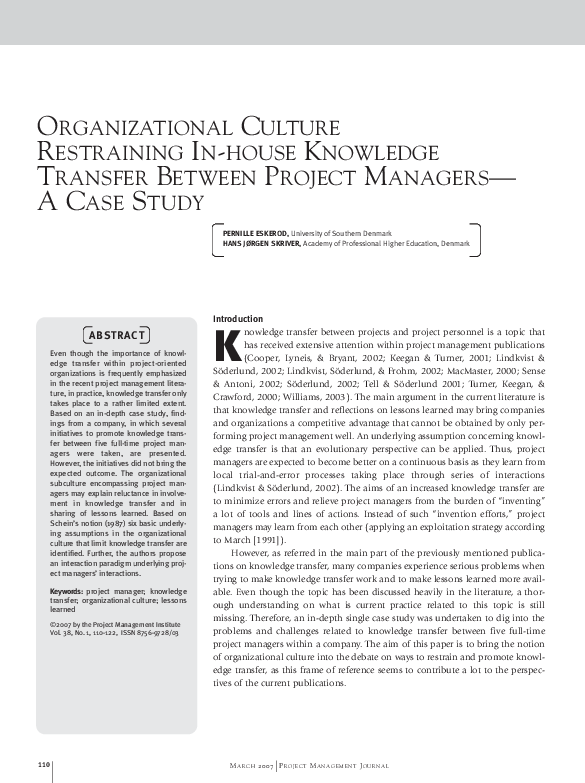 (PDF) Organizational Culture Restraining in-House Knowledge Transfer between Project Managers a ...