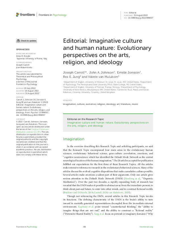 (PDF) Editorial: Imaginative culture and human nature: Evolutionary perspectives on the arts ...