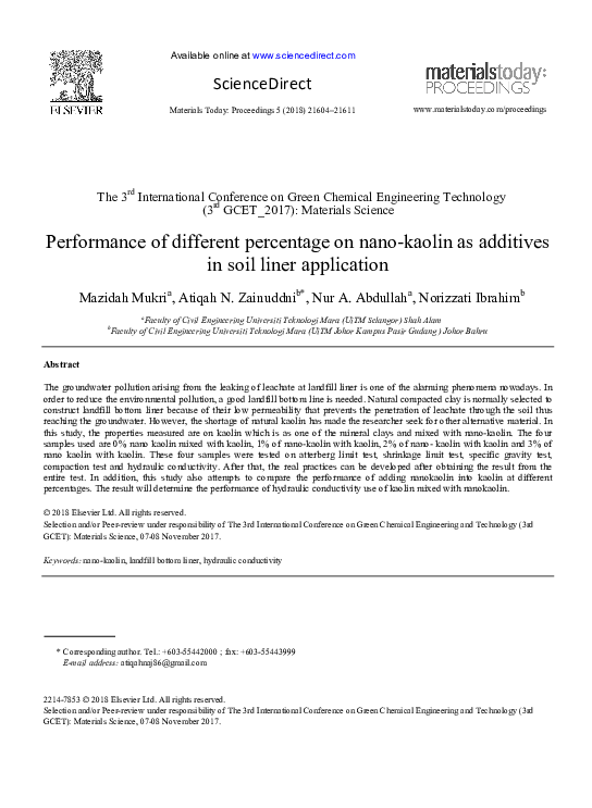 (PDF) Performance of different percentage on nano-kaolin as additives in soil liner application