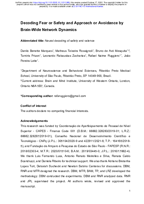 (PDF) Decoding Fear or Safety and Approach or Avoidance by Brain-Wide ...