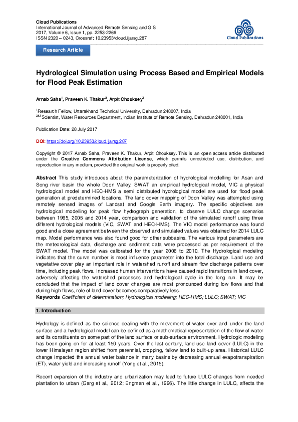 (PDF) Hydrological Simulation using Process Based and Empirical Models for Flood Peak Estimation