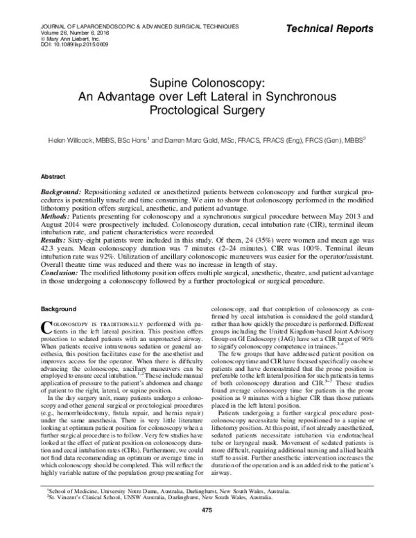 (PDF) Supine Colonoscopy: An Advantage over Left Lateral in Synchronous ...