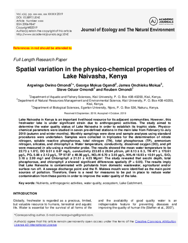 (PDF) Spatial variation in the physico-chemical properties of Lake Naivasha, Kenya